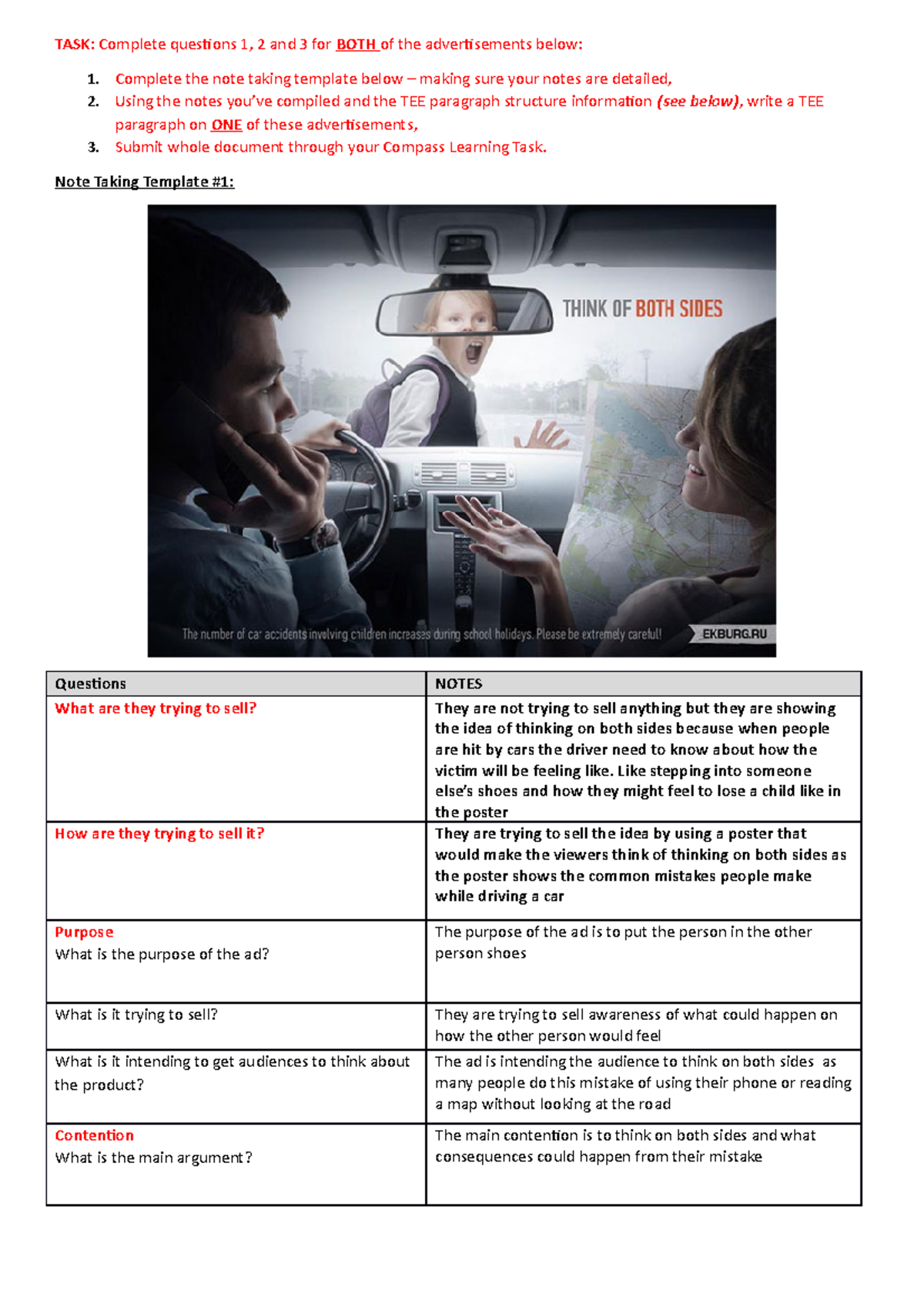 Note Taking and TEE Paragraph worksheet - TASK: Complete questions 1, 2 ...