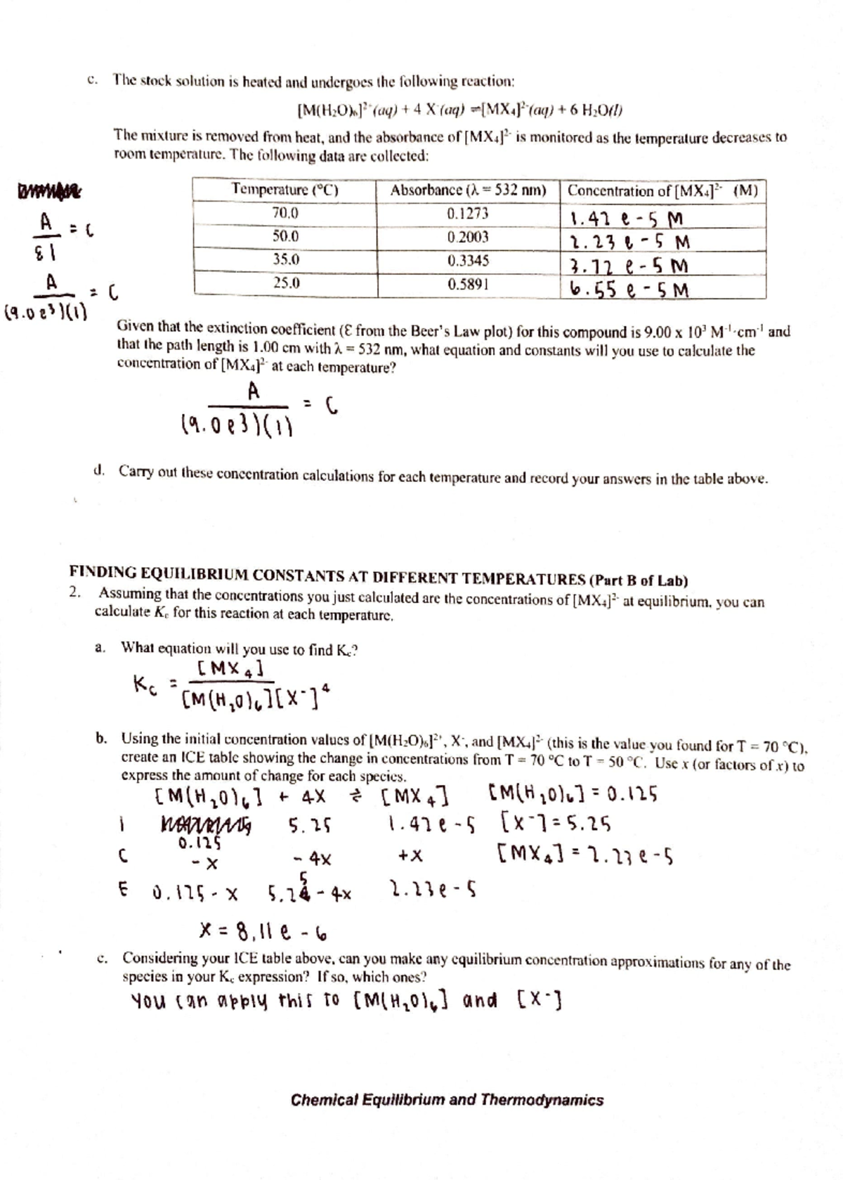 Lab 9: Chemical Equilibrium and Thermodynamics - CHEM 104 - Studocu