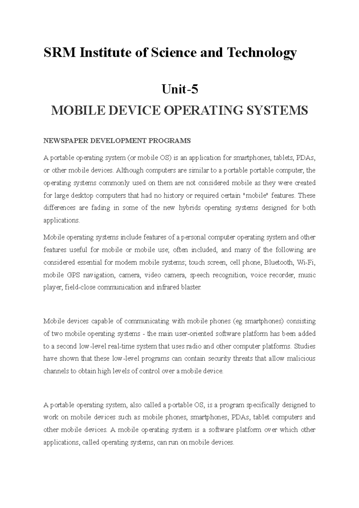 Mobile Device Operating Systems - SRM Institute of Science and ...