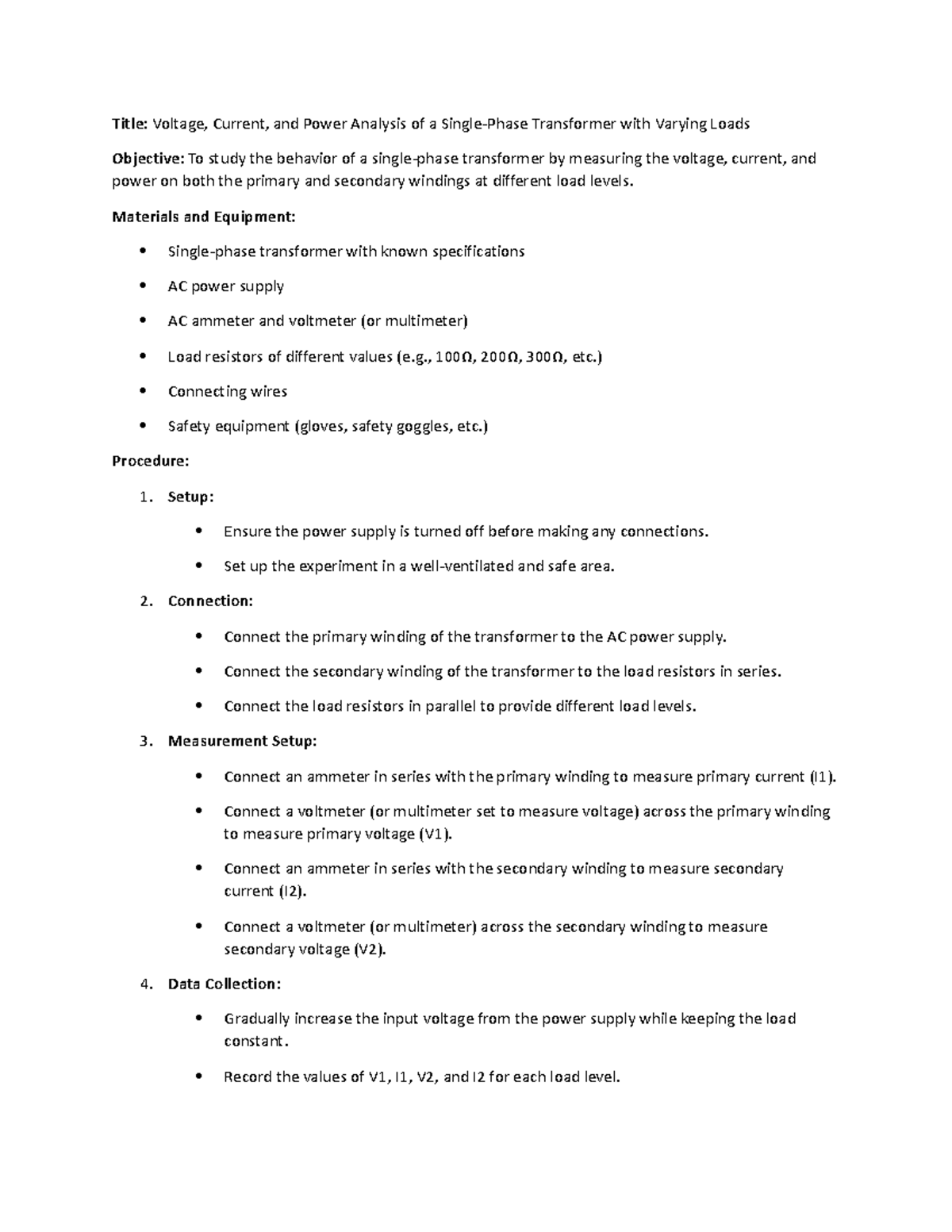 Transformer experiment - Title: Voltage, Current, and Power Analysis of ...