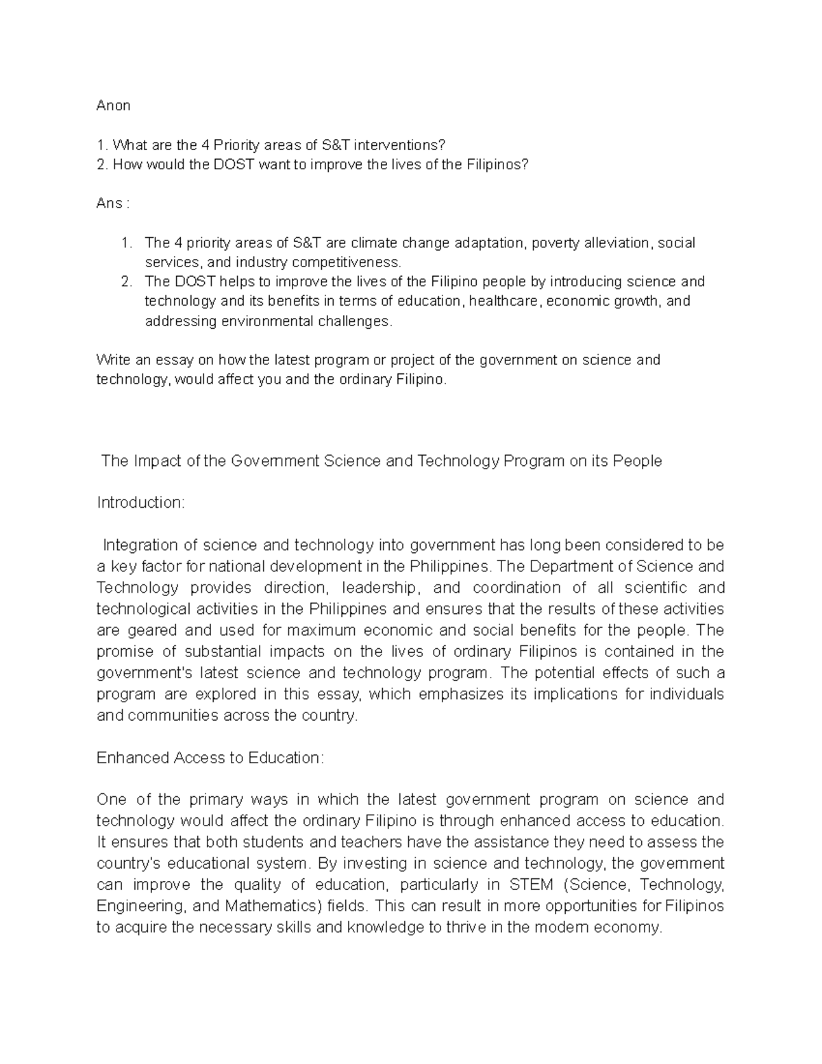 Essay sts - Anon 1. What are the 4 Priority areas of S&T interventions ...