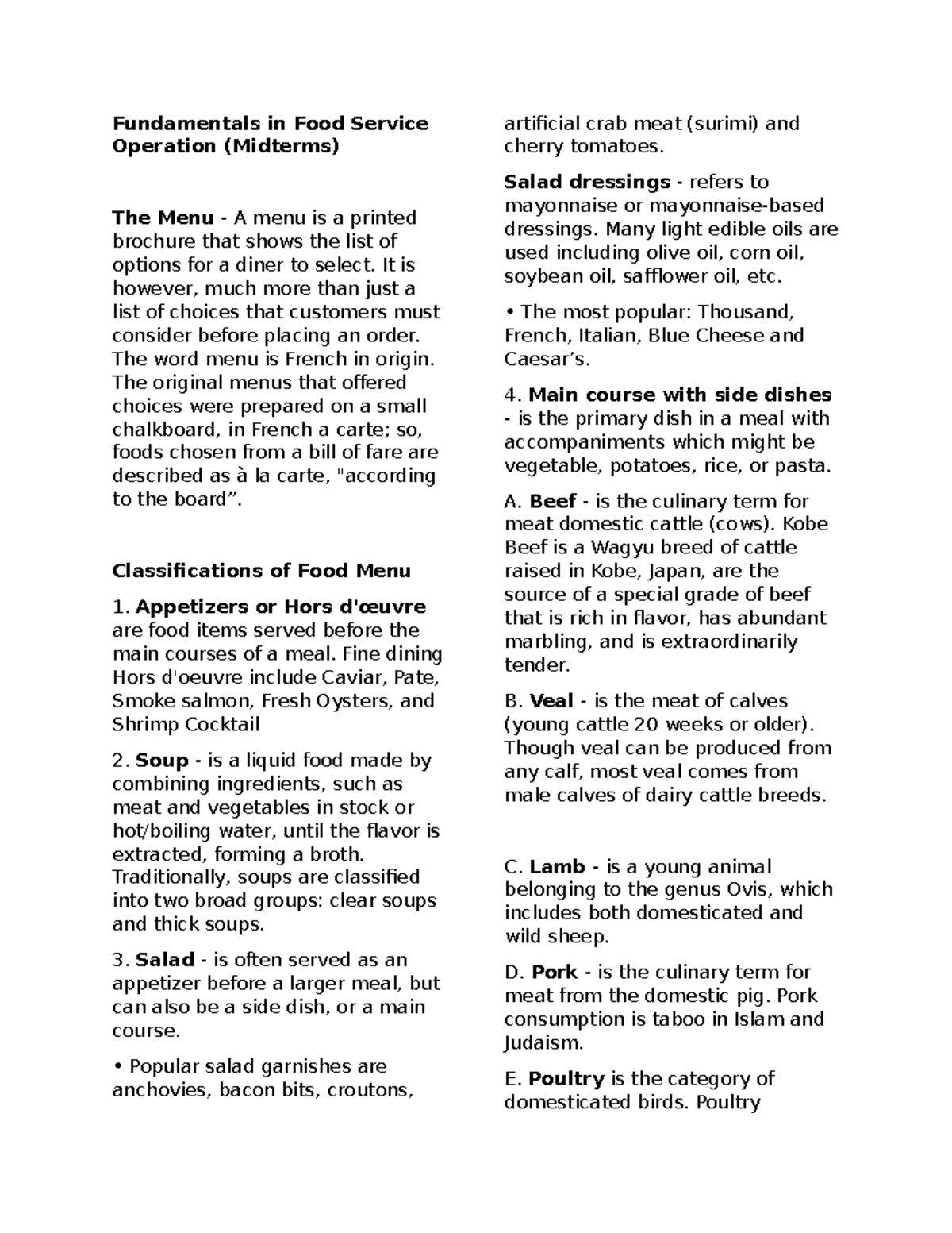 FB- Midterm - MR. Glenn - Fundamentals in Food Service Operation ...