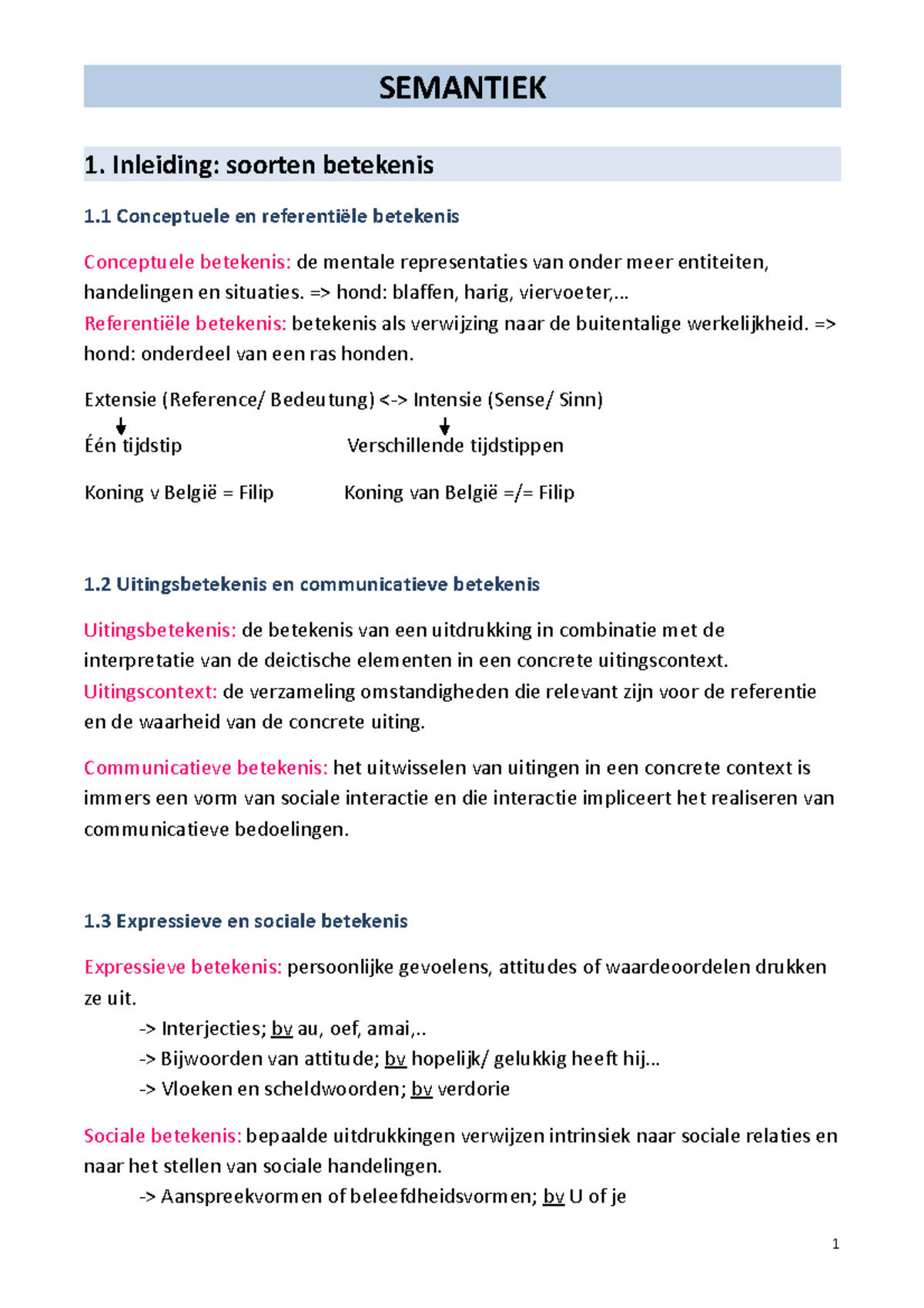Samenvatting semantiek - SEMANTIEK 1. Inleiding: soorten betekenis 1 ...