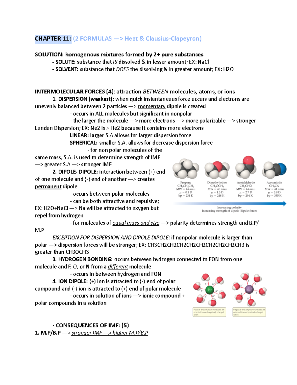 CHEM 162 EXAM 1 - notes - CHAPTER 11: (2 FORMULAS 4> Heat & Clausius ...