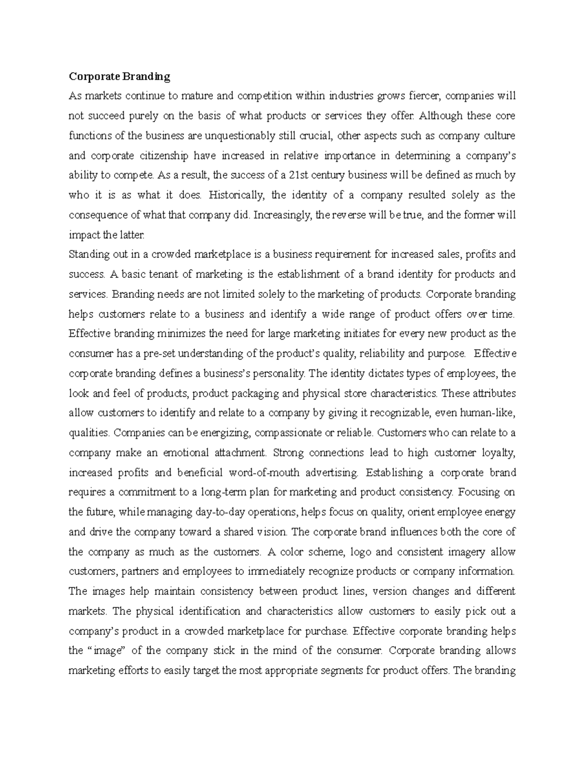 Corporate Branding - Although these core functions of the business are ...