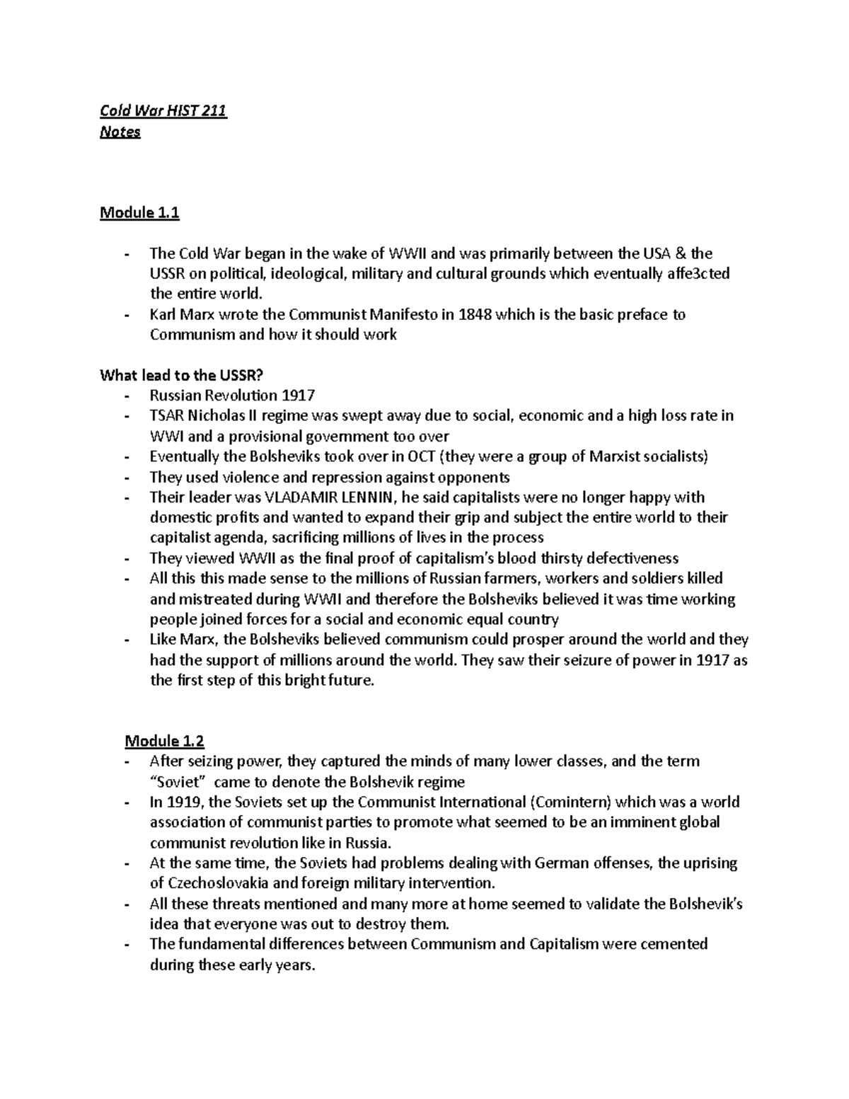 Cold War HIST 211 Notes - Cold War HIST 211 Notes Module 1. The Cold ...