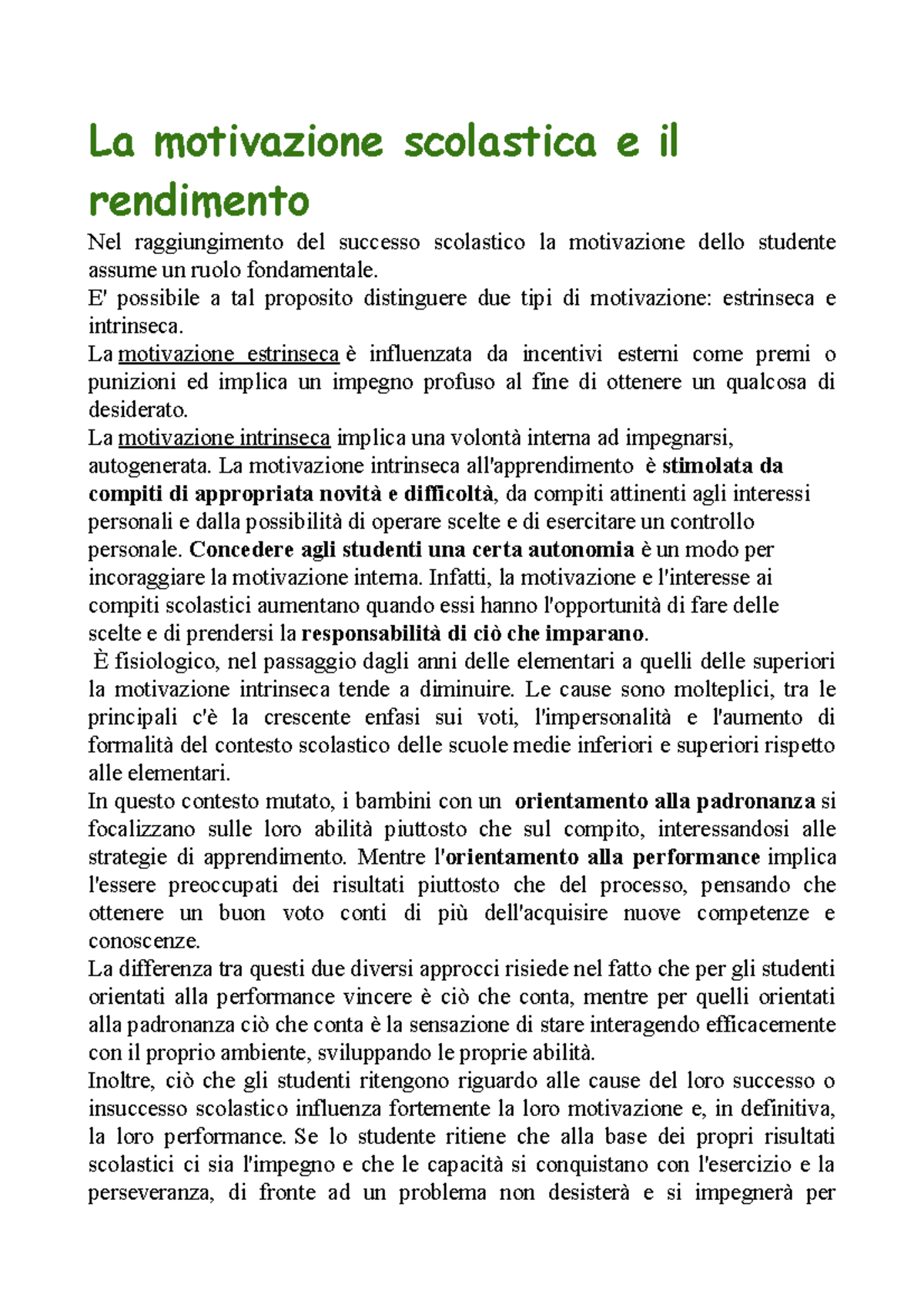 La motivazione scolastica e il rendimento - La motivazione scolastica e ...