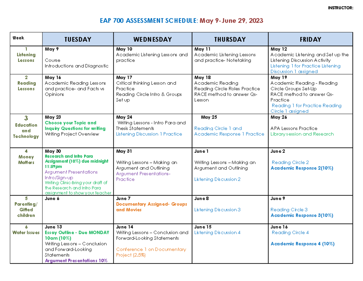 Course Calendar May-June 2023 G - INSTRUCTOR: EAP 700 ASSESSMENT ...