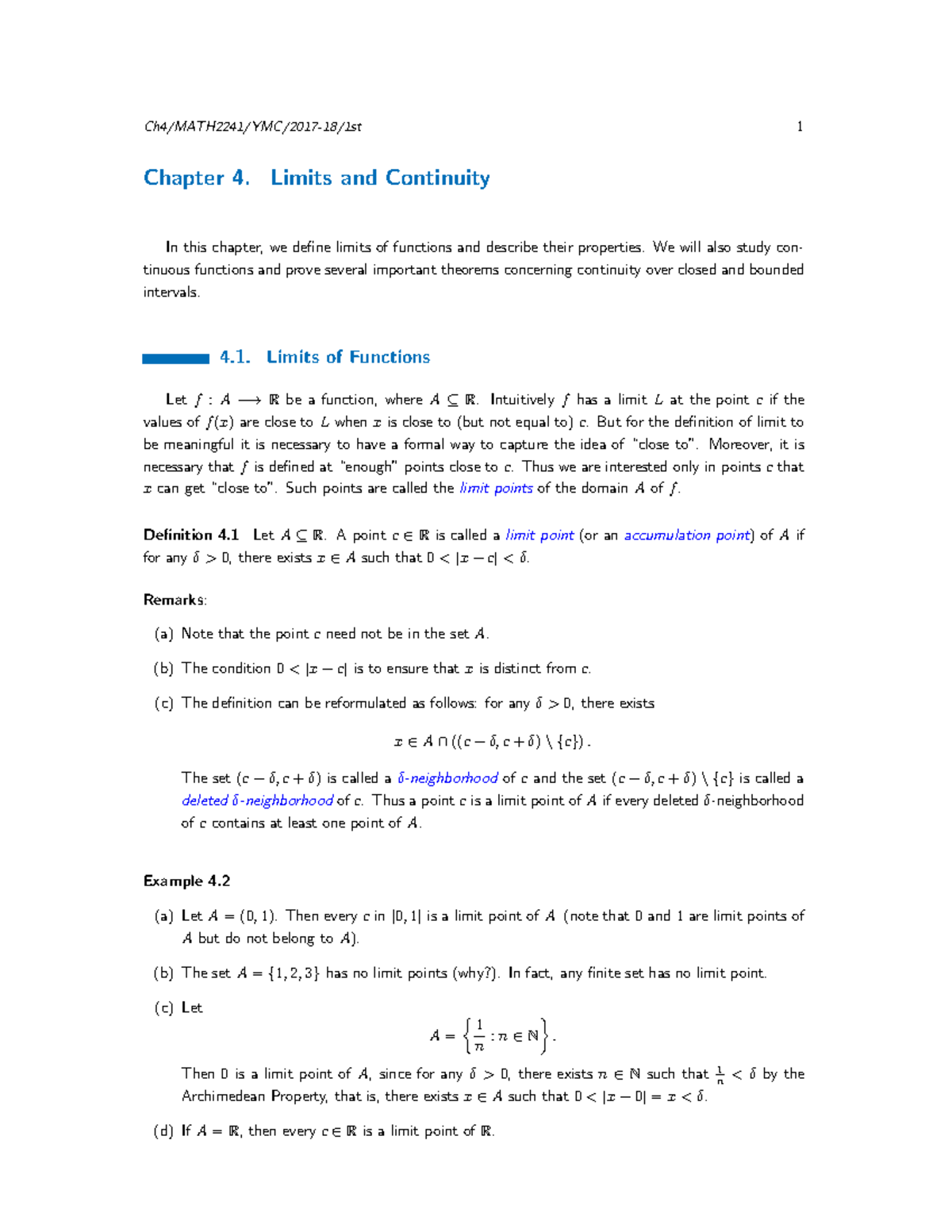 Chapter 4(2241)(17-18 First) - 1 Ch4/MATH2241/YMC/2017-18/1st Chapter 4. Limits and Continuity ...