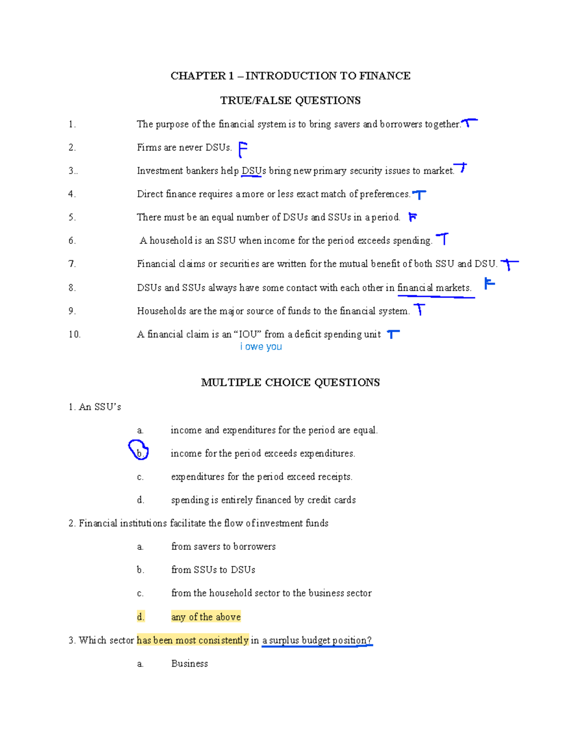 Chapter 1 - MCQs - Practice problems - CHAPTER 1 – INTRODUCTION TO FINANCE TRUE/FALSE QUESTIONS ...
