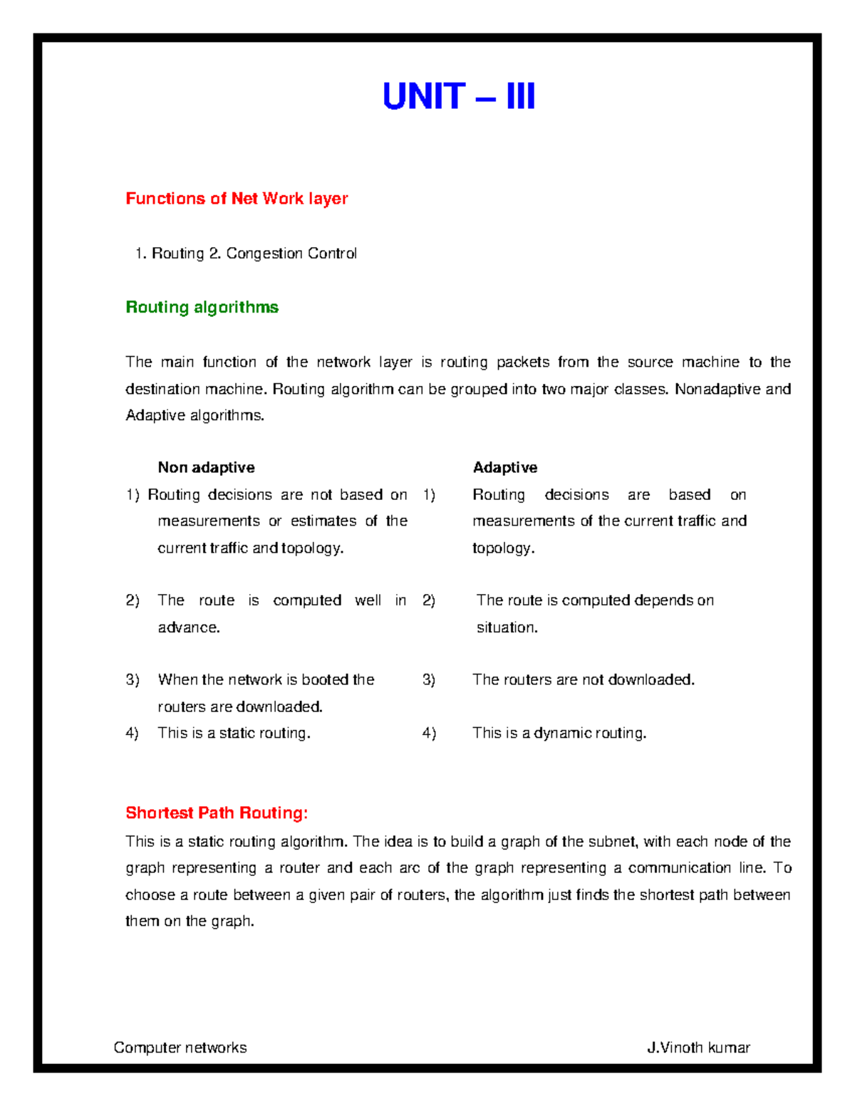 Data Link Layers Unit Iii Functions Of Net Work Layer Routing 2 Congestion Control Routing