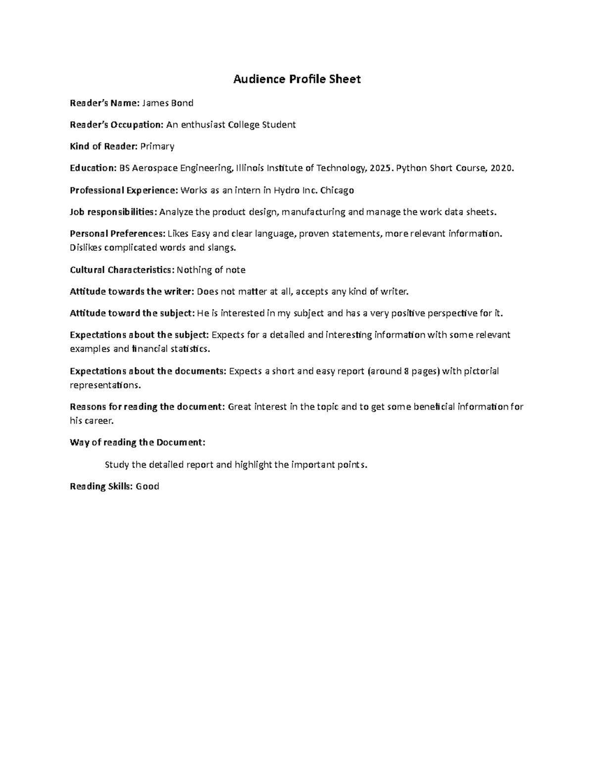 Audience Profile Sheet - Audience Profile Sheet Reader’s Name: James ...