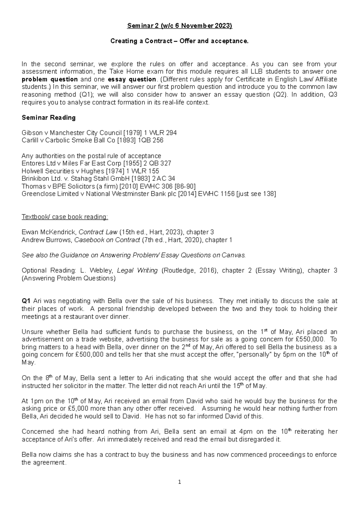Contract Law Seminar 2 - Seminar 2 (w/c 6 November 2023) Creating a ...
