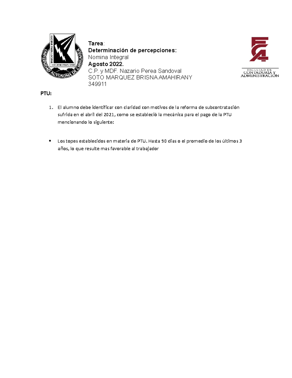 Tarea Limites PTU y Exentos de ISR 349911 - PTU: 1. El alumno debe ...