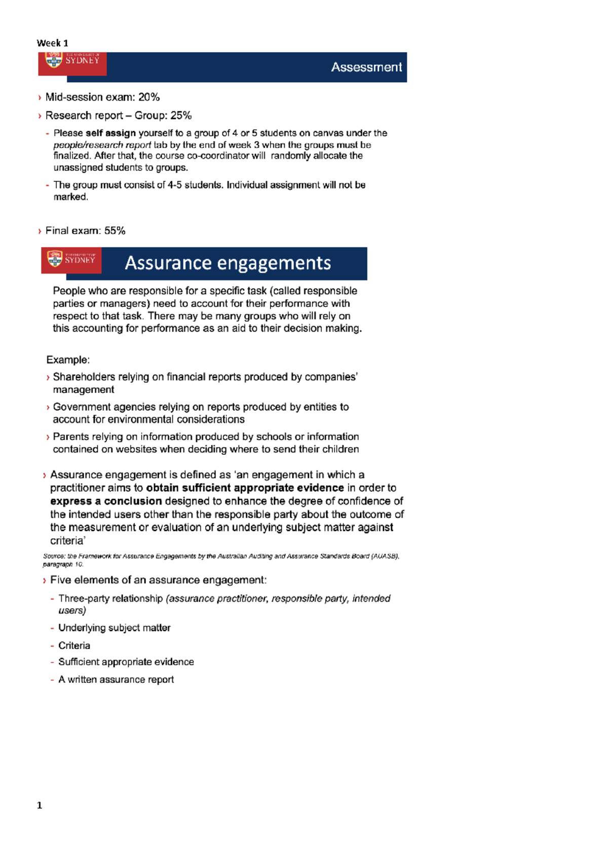 ACCT3600 Lecture Week 1 - Week Reasonable assurance Limited assurance ...