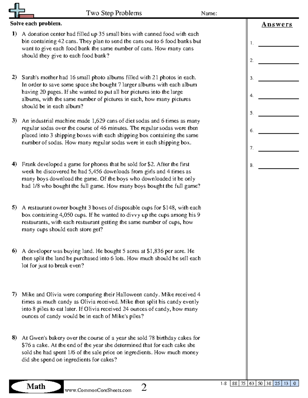 Multi Step word Problems 2 - 1-8 88 75 63 50 38 25 13 0 A donation ...