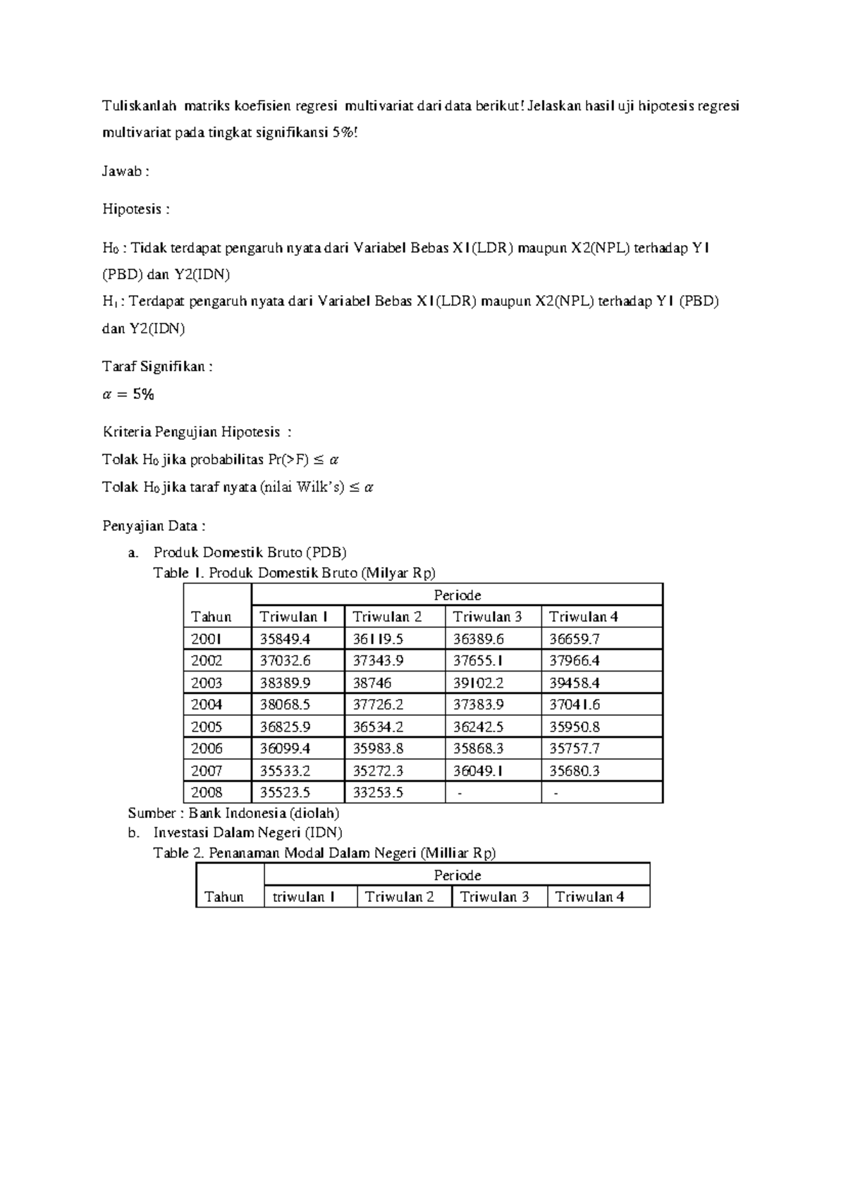 Analisis Multivariat - Tuliskanlah matriks koefisien regresi ...
