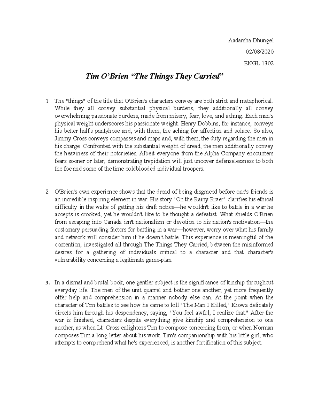 ENGL 1302 Notes (Class) - Aadarsha Dhungel 02/08/ ENGL 1302 Tim O’Brien ...