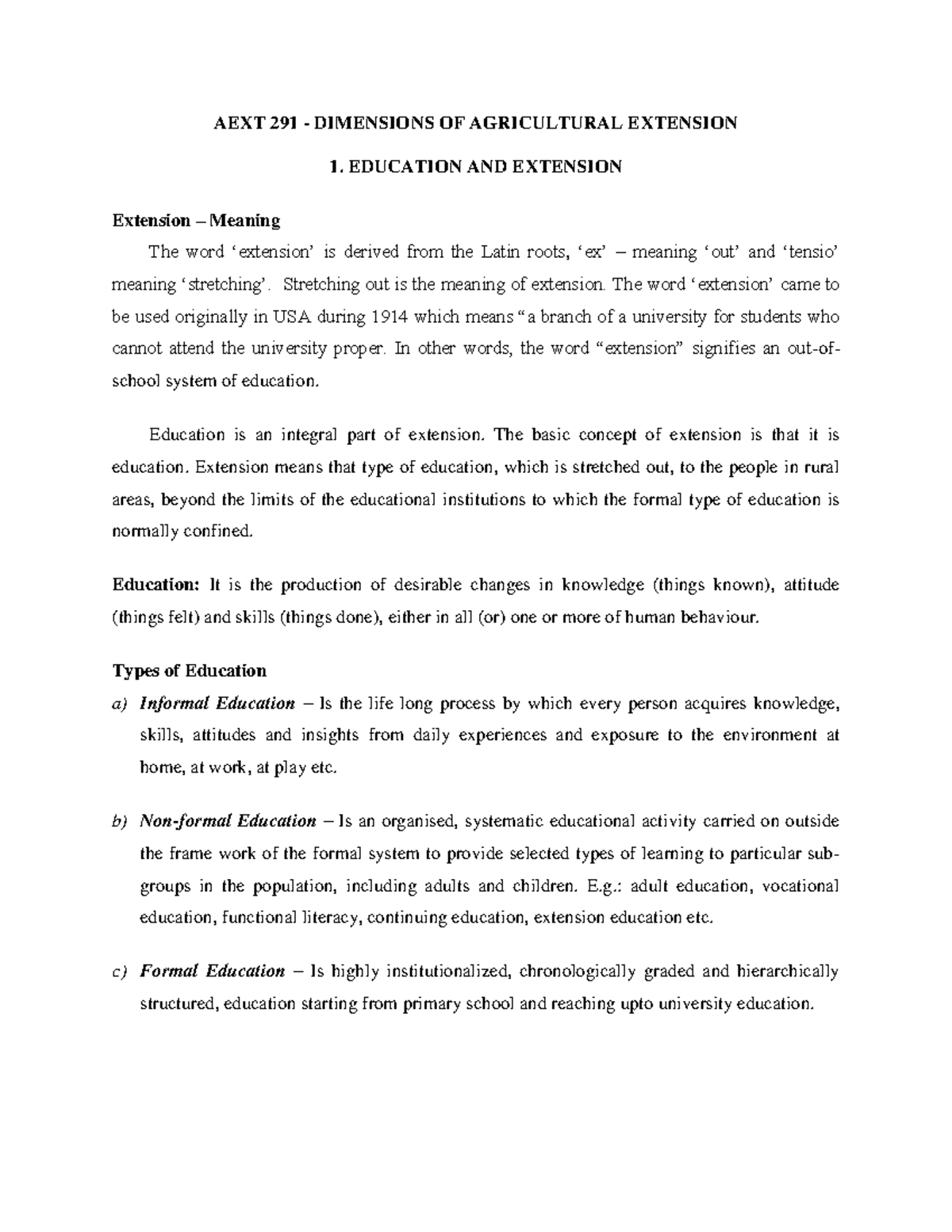 Lec01 Education AND Extension - AEXT 291 - DIMENSIONS OF AGRICULTURAL ...
