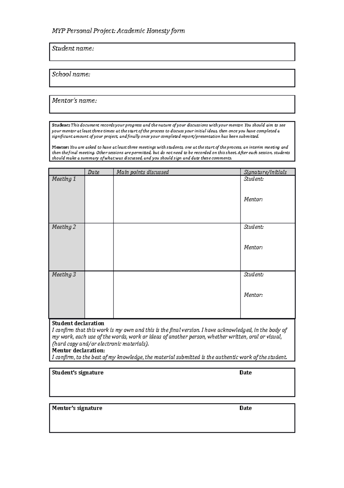 Academic Honesty template - MYP Personal Project: Academic Honesty form ...