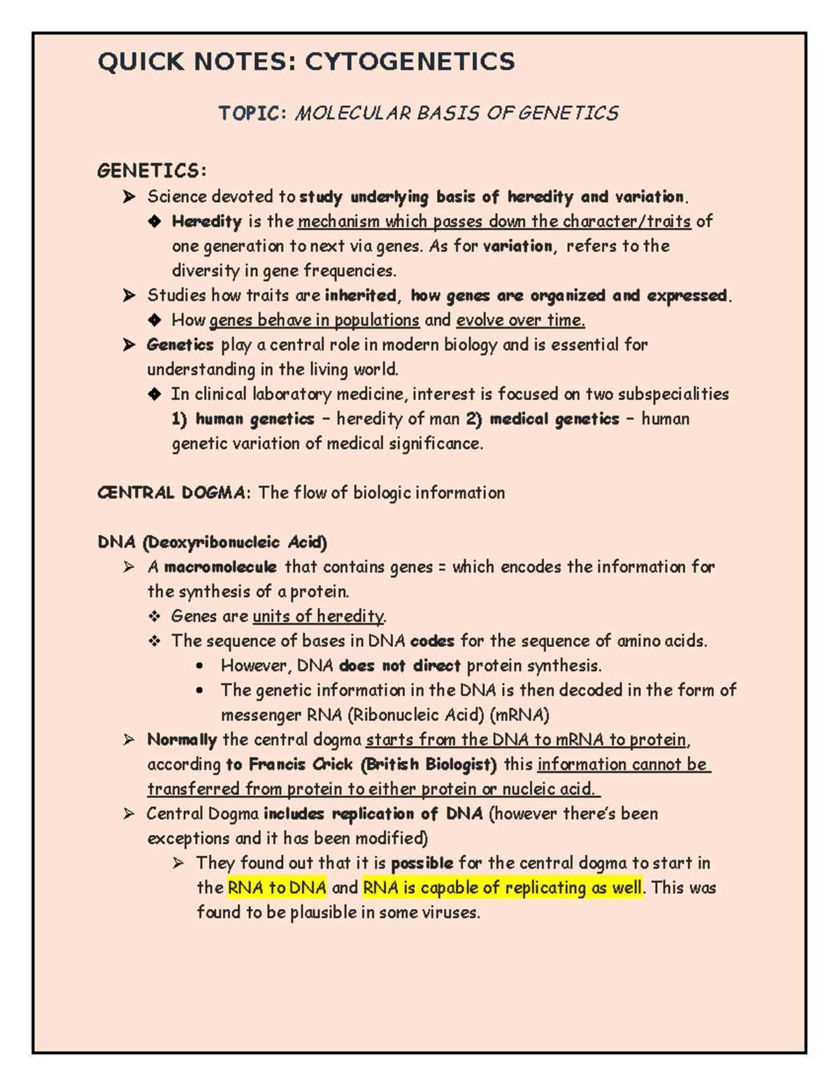 CYTO Notes - Molecular Basis OF Genetics - QUICK NOTES: CYTOGENETICS ...