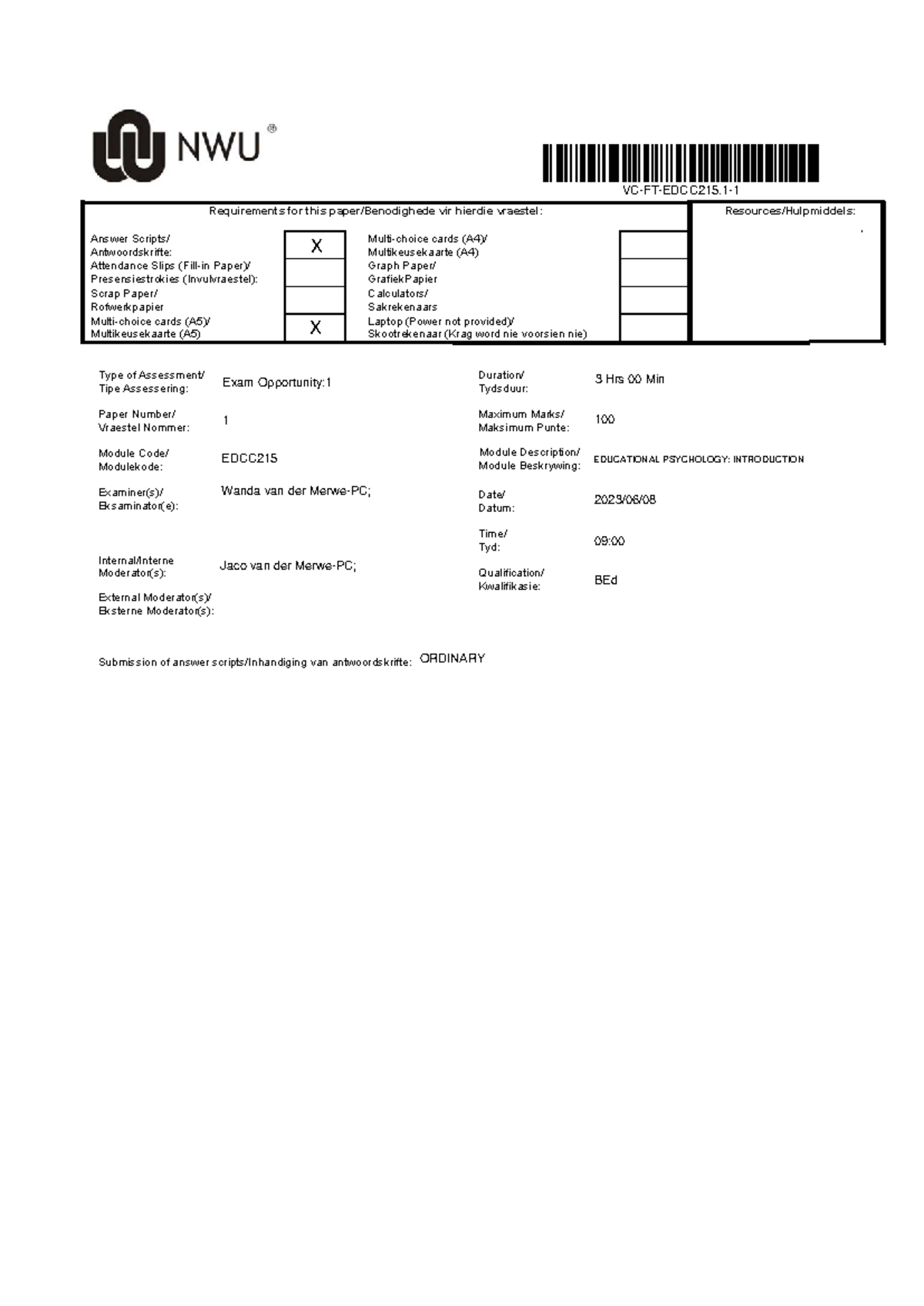 EDCC215 vc Paper 1Jun2023 - Type of Assessment/ Tipe Assessering ...