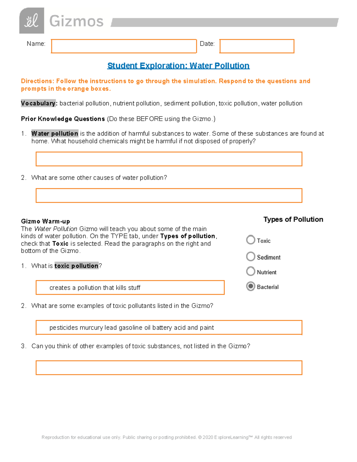 Copy of Gizmo - Water Pollution Student Worksheet - Name: Date: Student ...