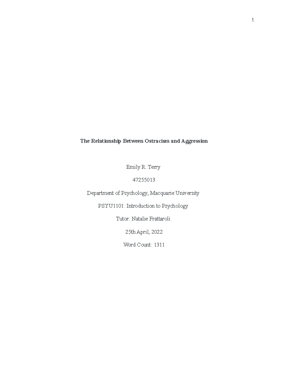 Psych Essay - Emily Terry - The Relationship Between Ostracism and ...