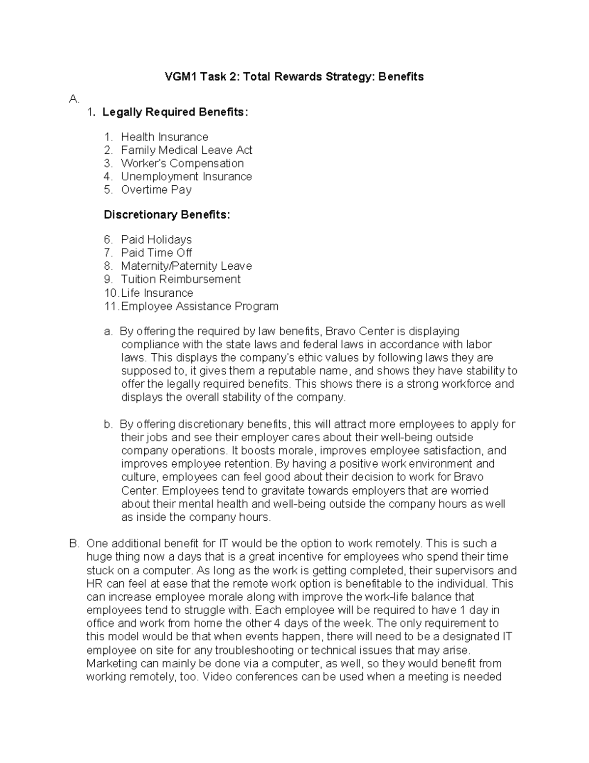 VGM1 Task 2 - Total Rewards Strategy - Benefits S - VGM1 Task 2: Total ...