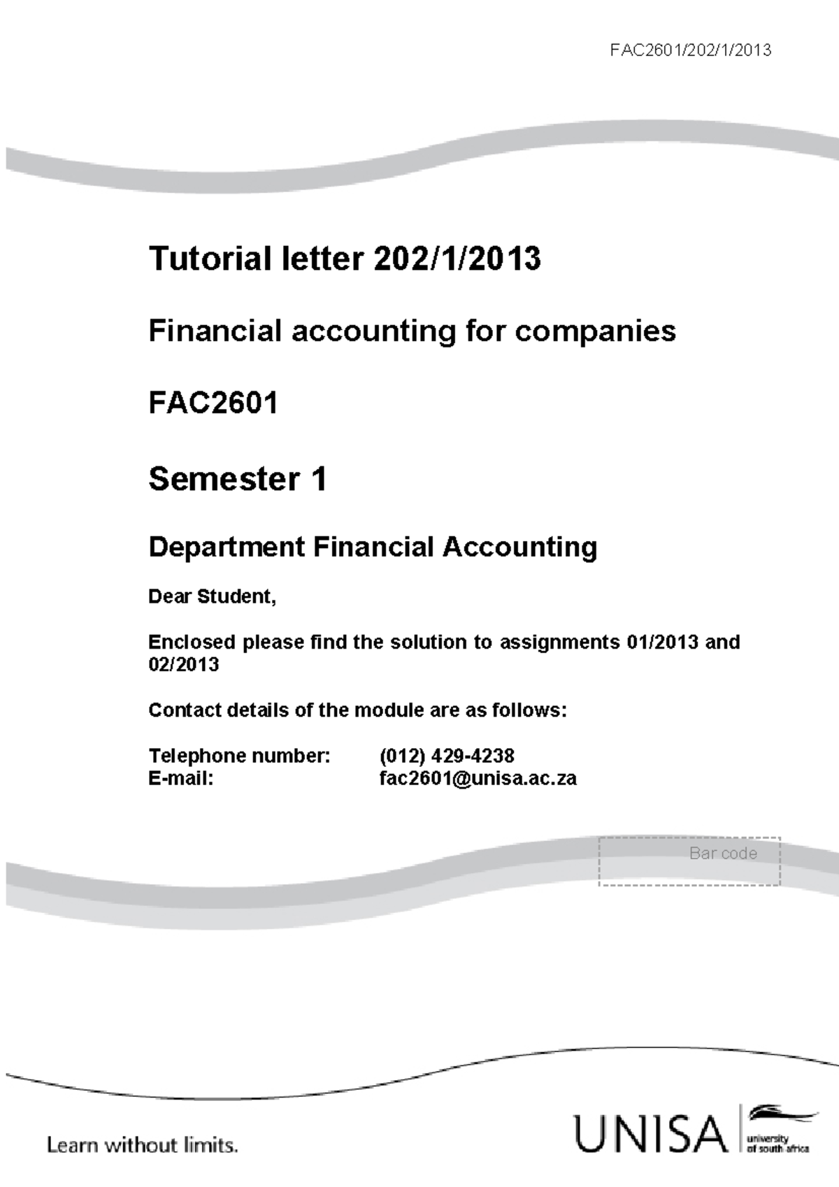 FAC2601-TL-2013 202 2013 1 e - FAC2601/202/1/ Tutorial letter 202/1/ Financial accounting for ...
