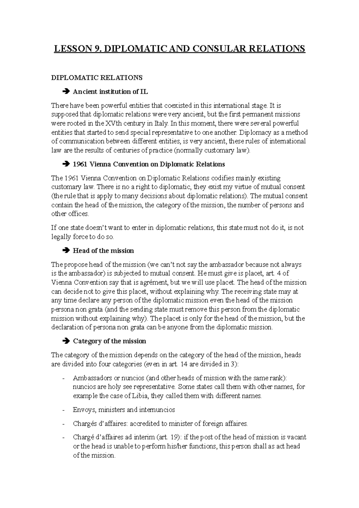 Lesson 9 - Apuntes 9 - LESSON 9. DIPLOMATIC AND CONSULAR RELATIONS ...