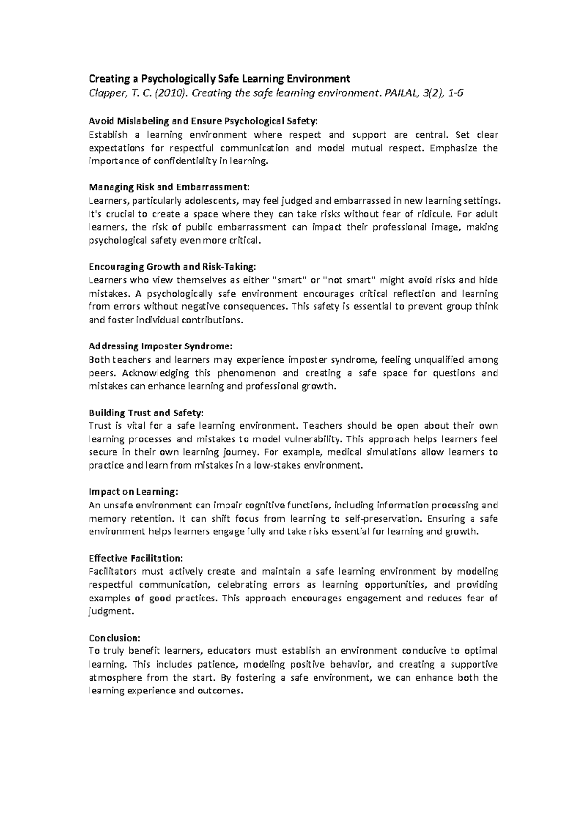 Summary of Creating a Psychologically Safe Learning Environmet ...