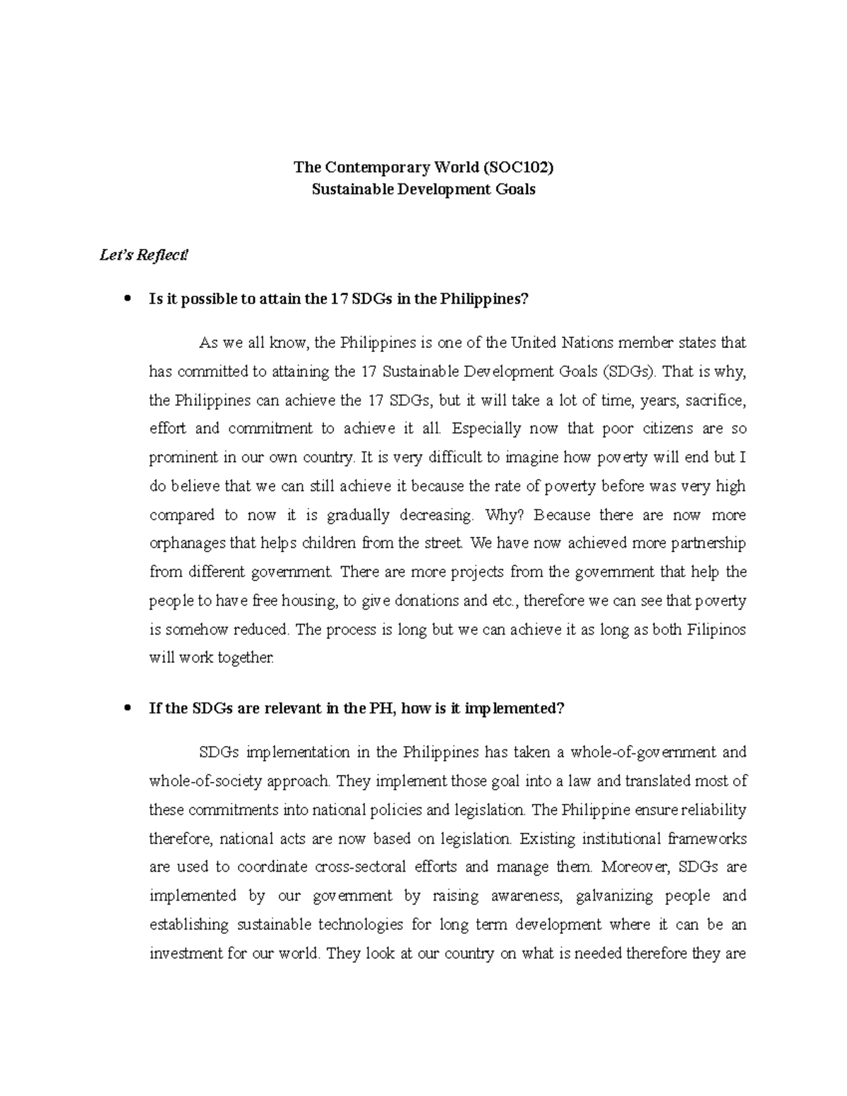 The Contemporary World - Reflection Activity - Sustainable Development ...