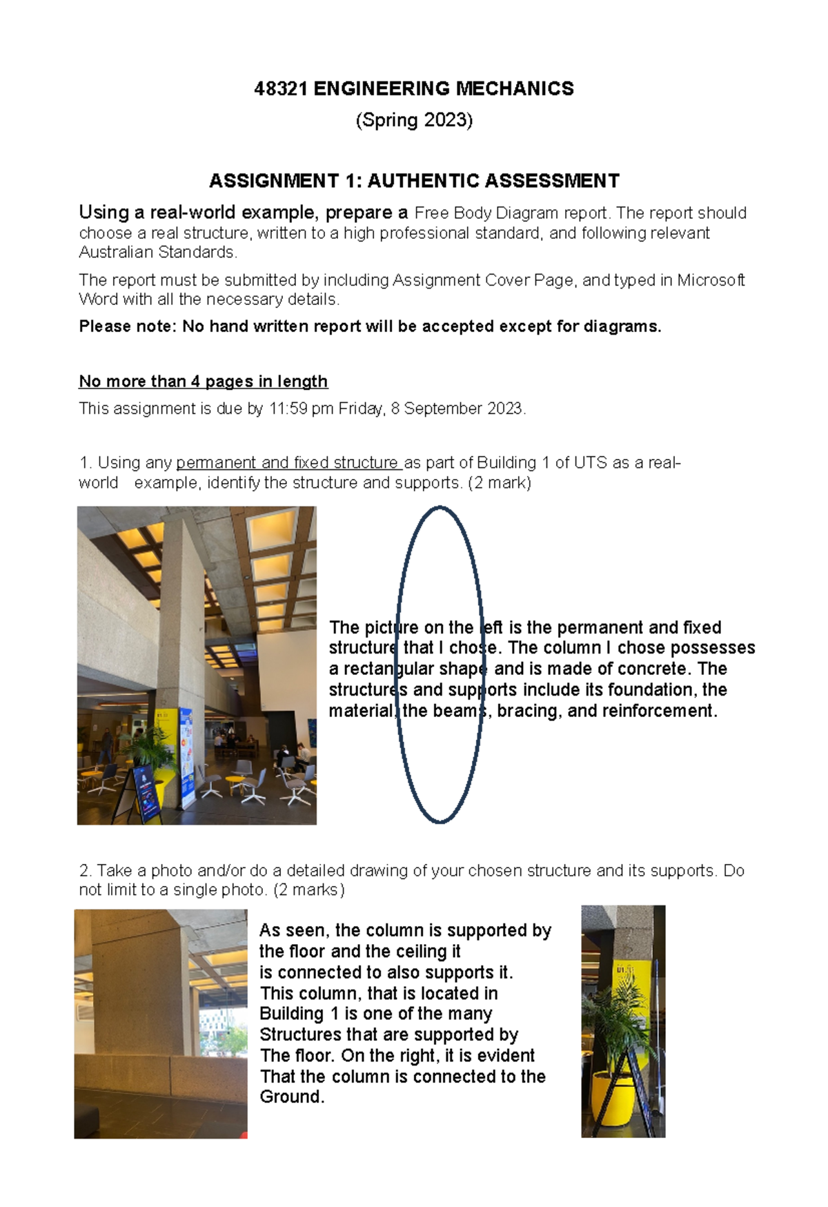 Assessment 1 Mechanics - 48321 ENGINEERING MECHANICS (Spring 2023 ...