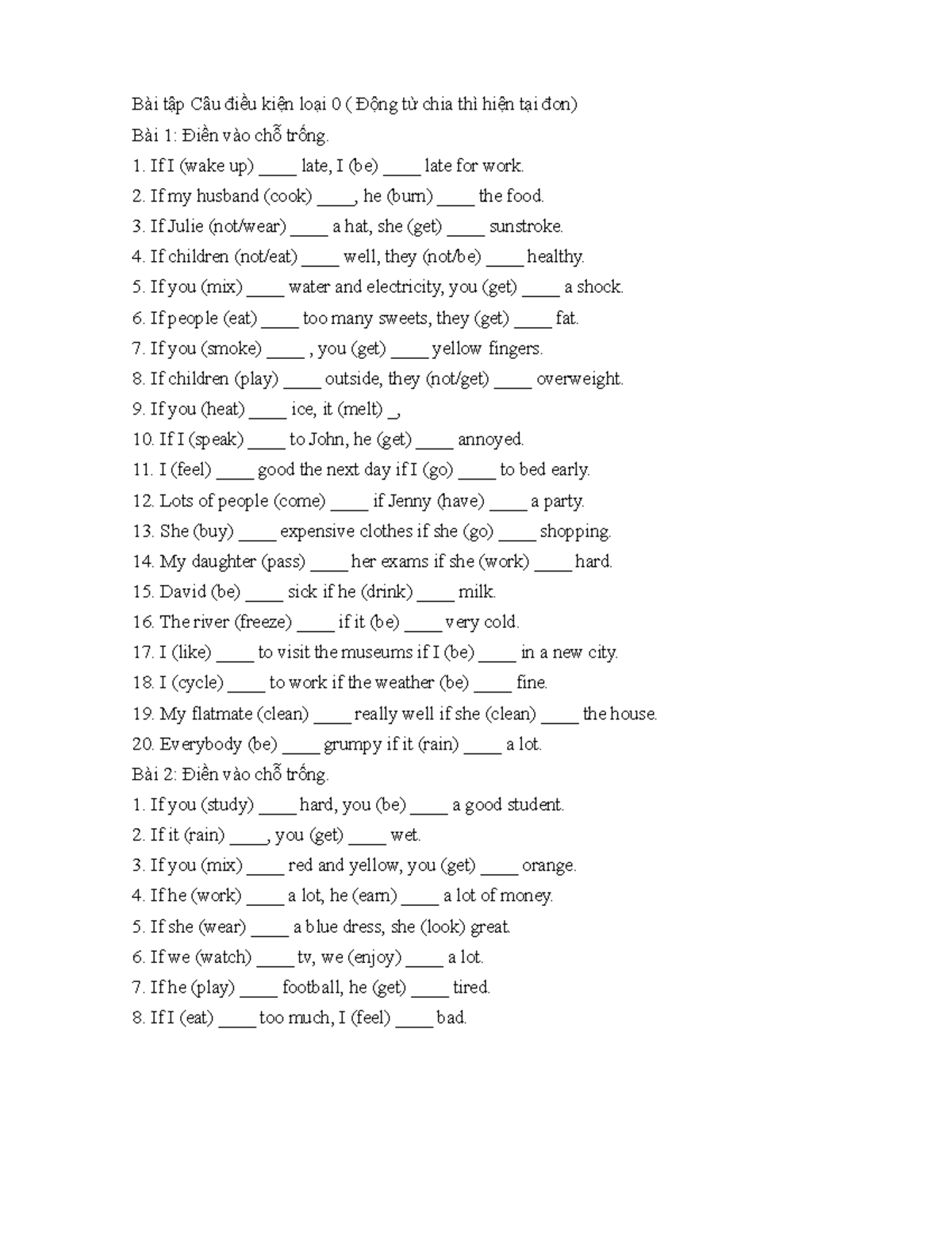 BT1 MIX HTD HTTD - gregw - Bài tập Câu điều kiện loại 0 ( Động từ chia ...