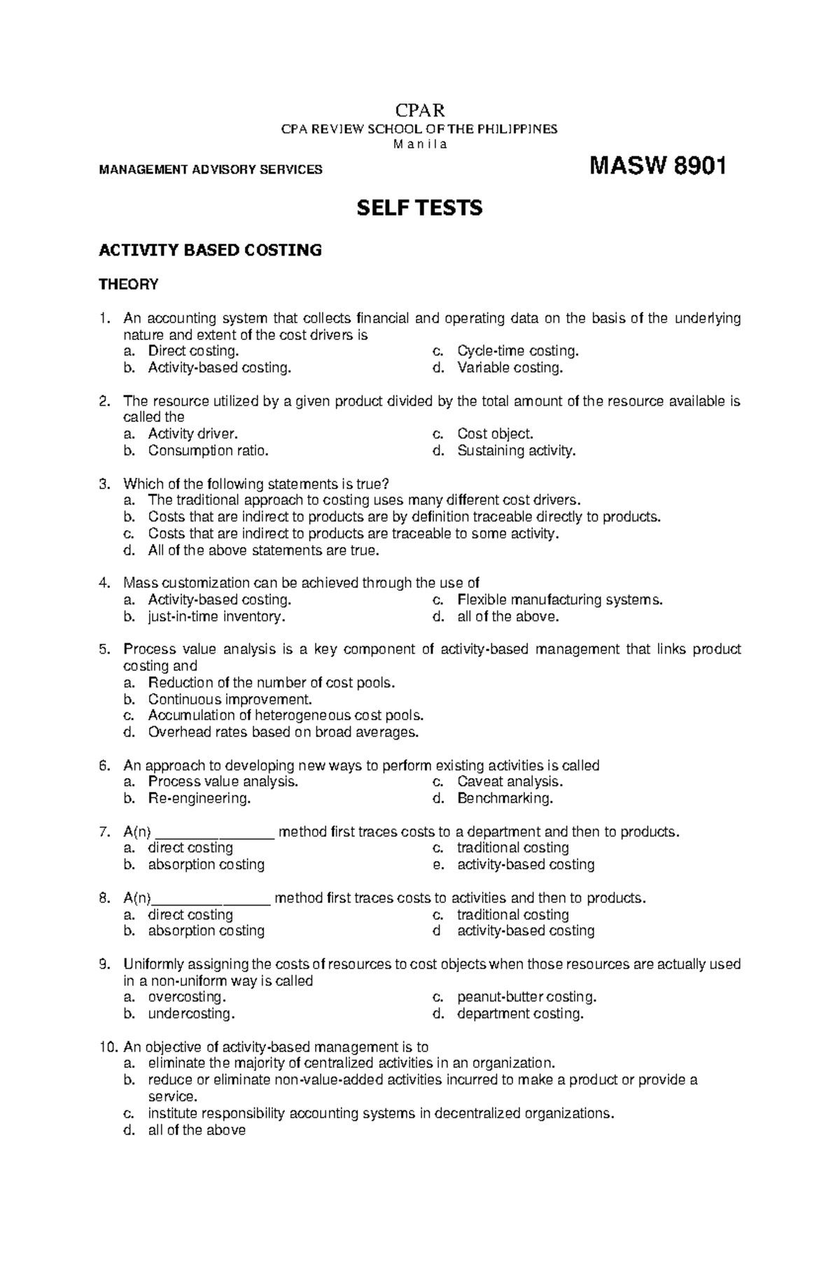MAS - Self Test - CPA Study Plan - CPAR CPA REVIEW SCHOOL OF THE ...