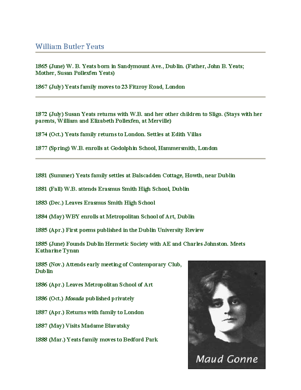 English Lit. II Yeats (1) - William Butler Yeats 1865 (June) W. B ...