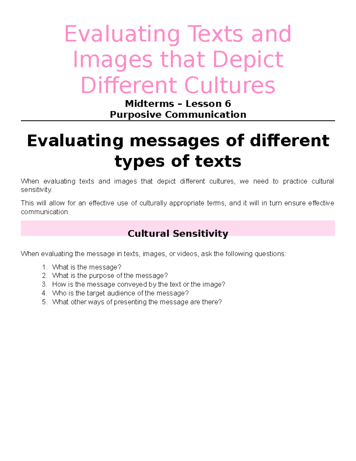 Lesson 6 Evaluating Texts and Images that Depict Different Cultures ...