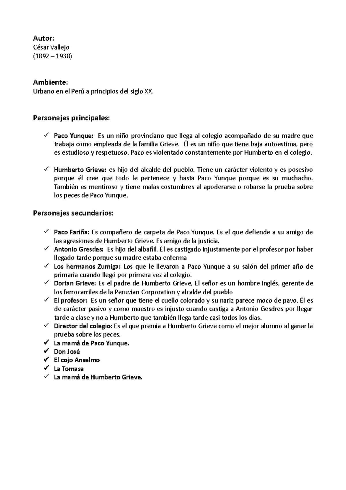Paco Yunque - Resumen - Autor: César Vallejo (1892 – 1938) Ambiente ...