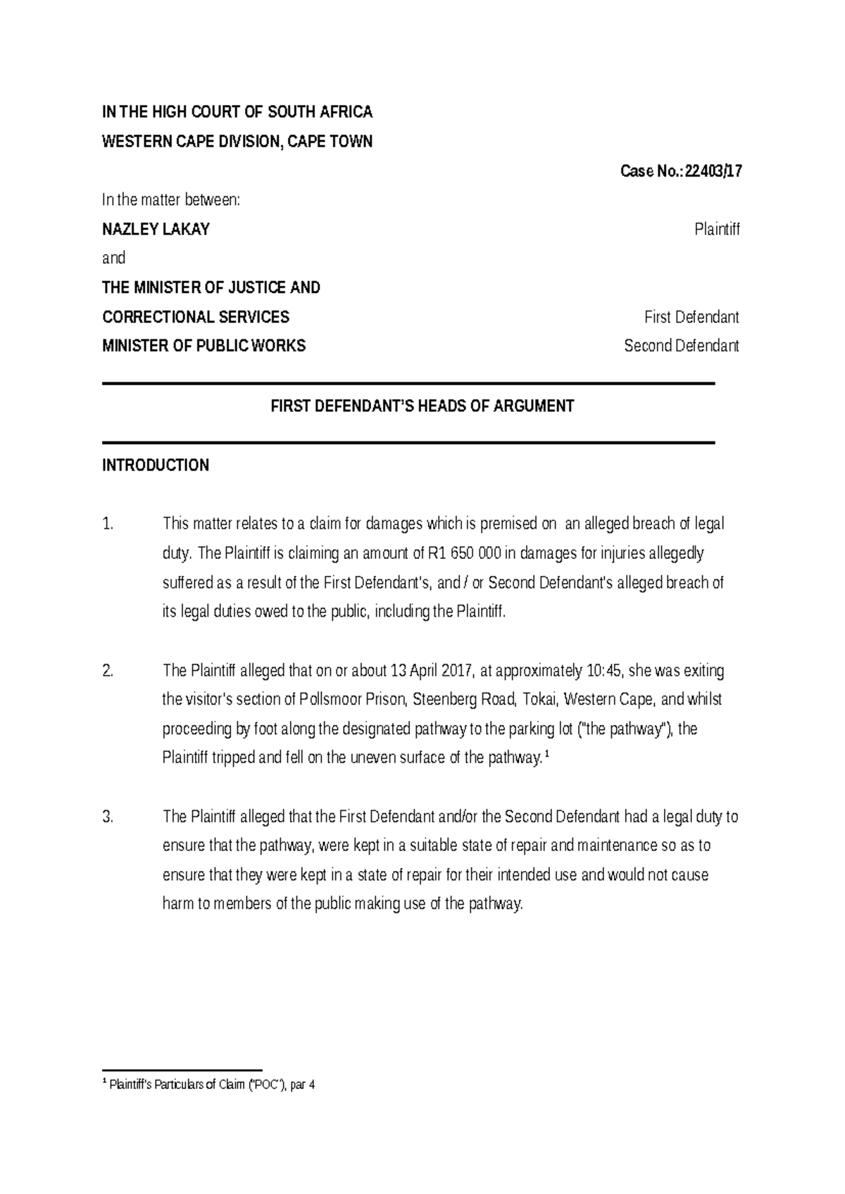 Heads OF Argument Example - IN THE HIGH COURT OF SOUTH AFRICA WESTERN ...
