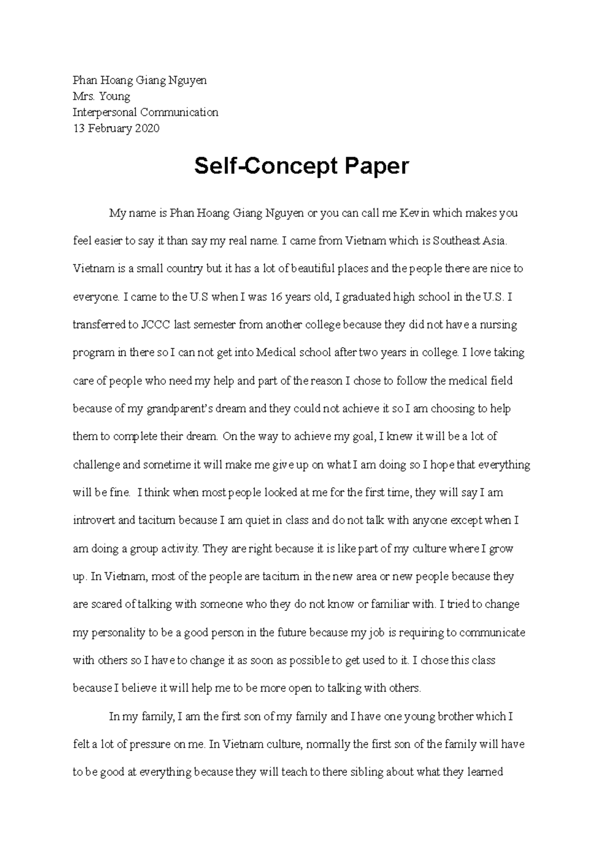 Self-Concept Paper - Phan Hoang Giang Nguyen Mrs. Young Interpersonal ...