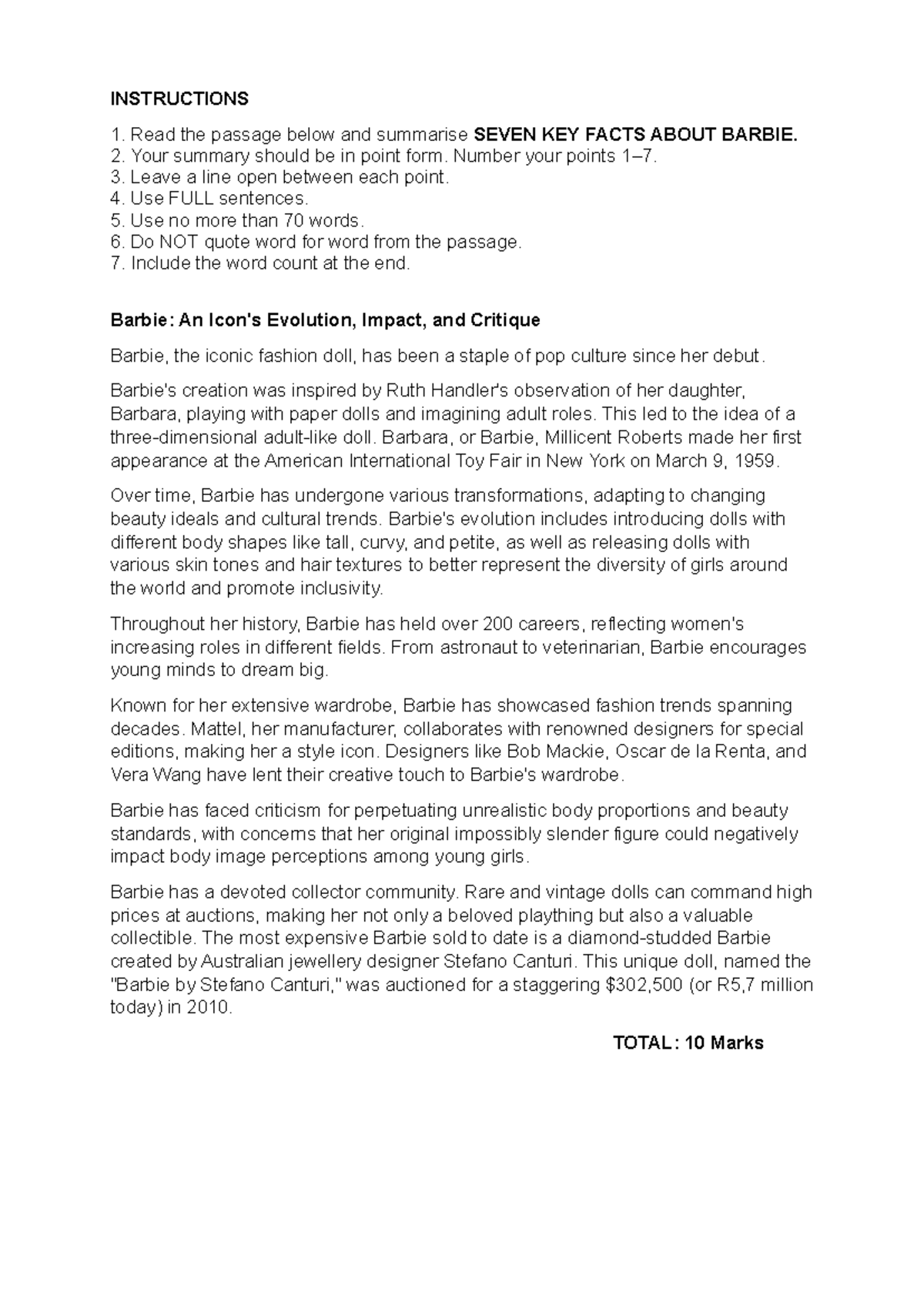 Barbie Summary - Use this resource to practice your summarizing skills ...