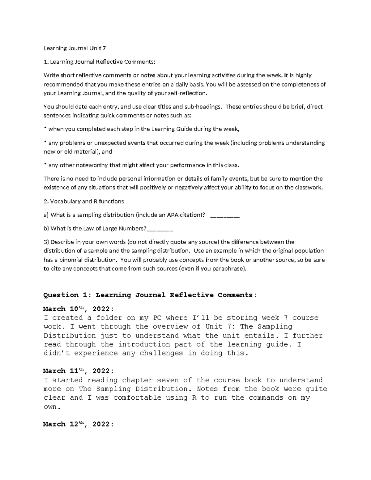 Learning Journal Unit 7 - Learning Journal Reflective Comments: Write ...