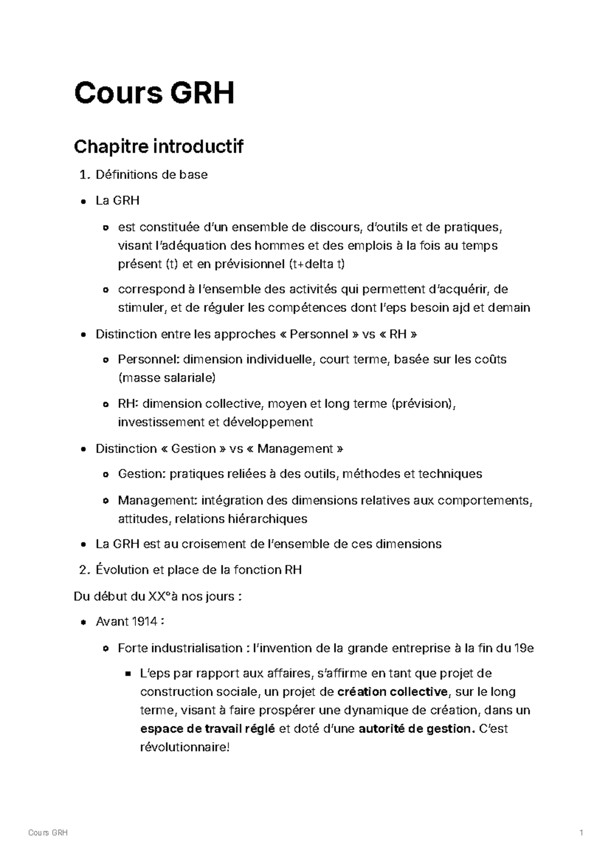 Cours GRH - Cours GRH Chapitre introductif Définitions de base La GRH est constituée dʼun - Studocu