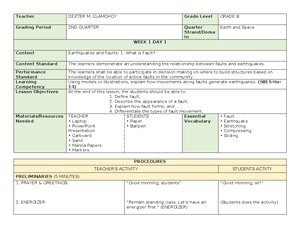 7E Lesson PLAN - Week 2 - Day 1 - Teacher DEXTER M. CLAMOHOY Grade ...