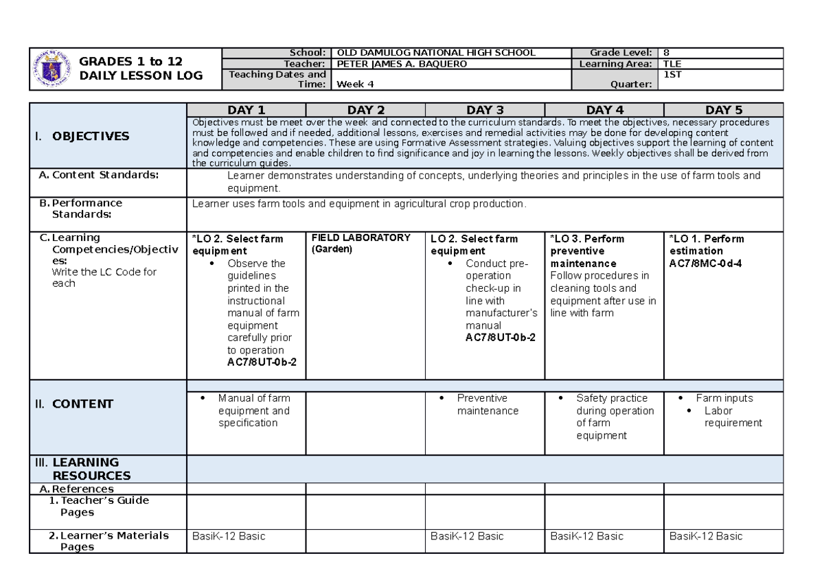 DLL-TLE-1st q-4TH week - GRADES 1 to 12 DAILY LESSON LOG School: OLD ...