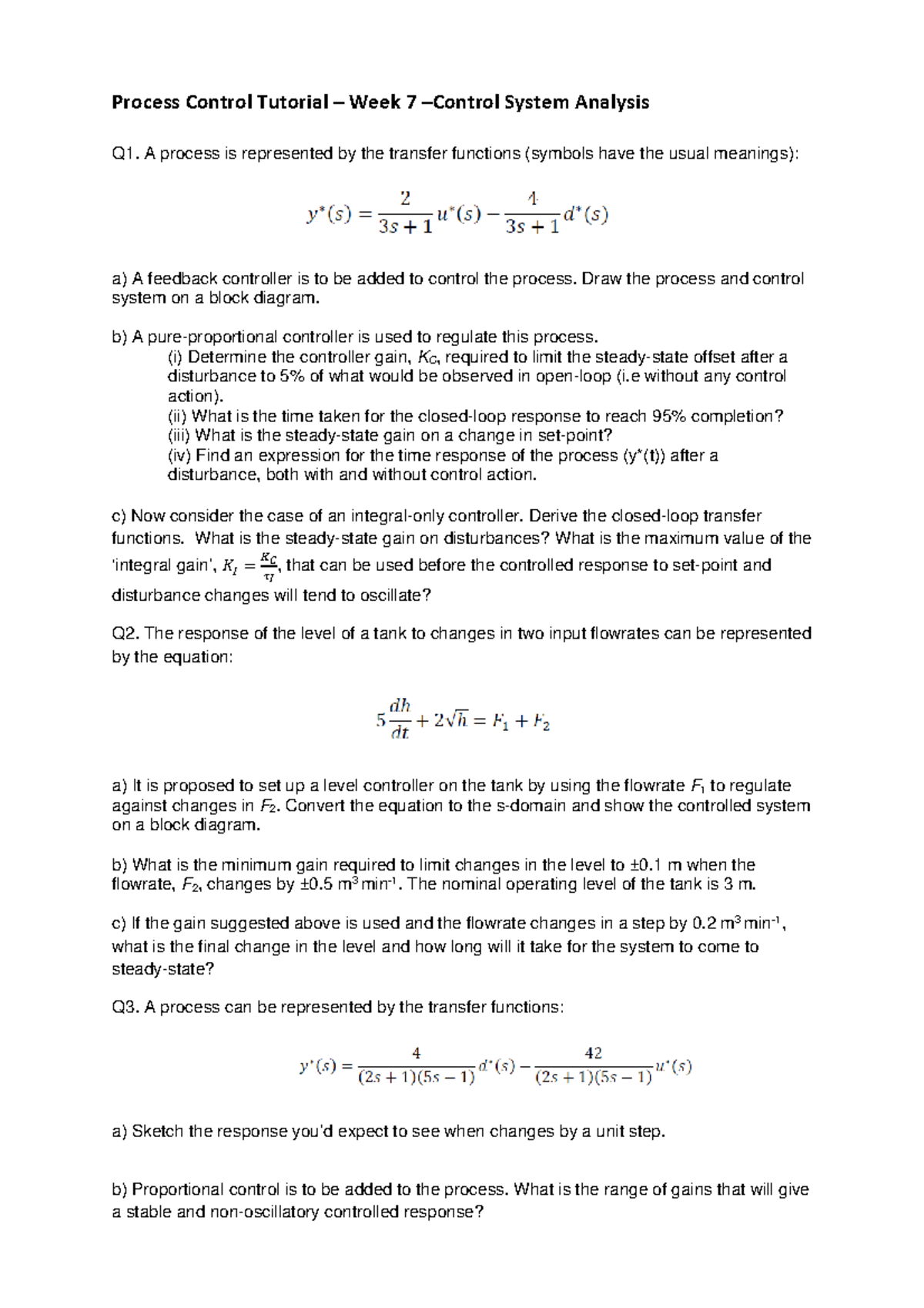 Week 7 Tasks - Tutorial Questions for Process Control - CP411 - Strath ...