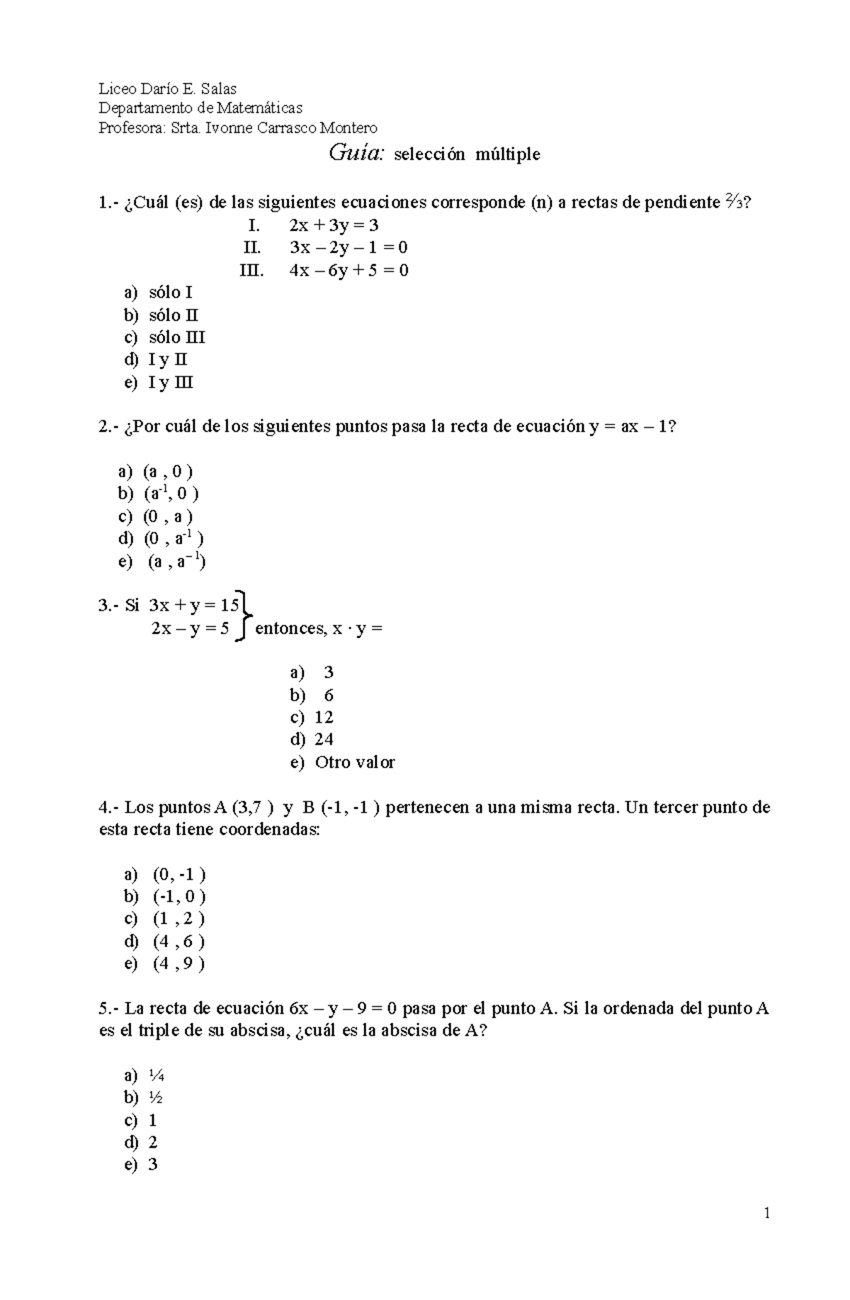 La Recta seleccion multiple - Liceo Darío E. Salas Departamento de ...
