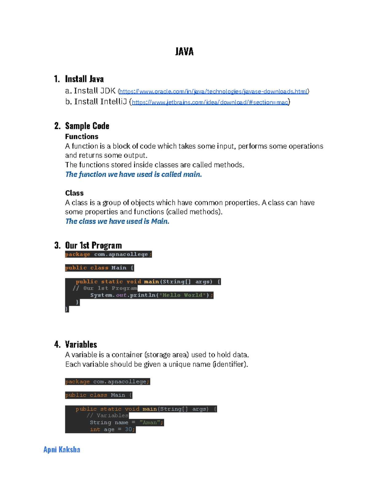 Java Notes - Good - JAVA 1. Install Java a. Install JDK - Studocu