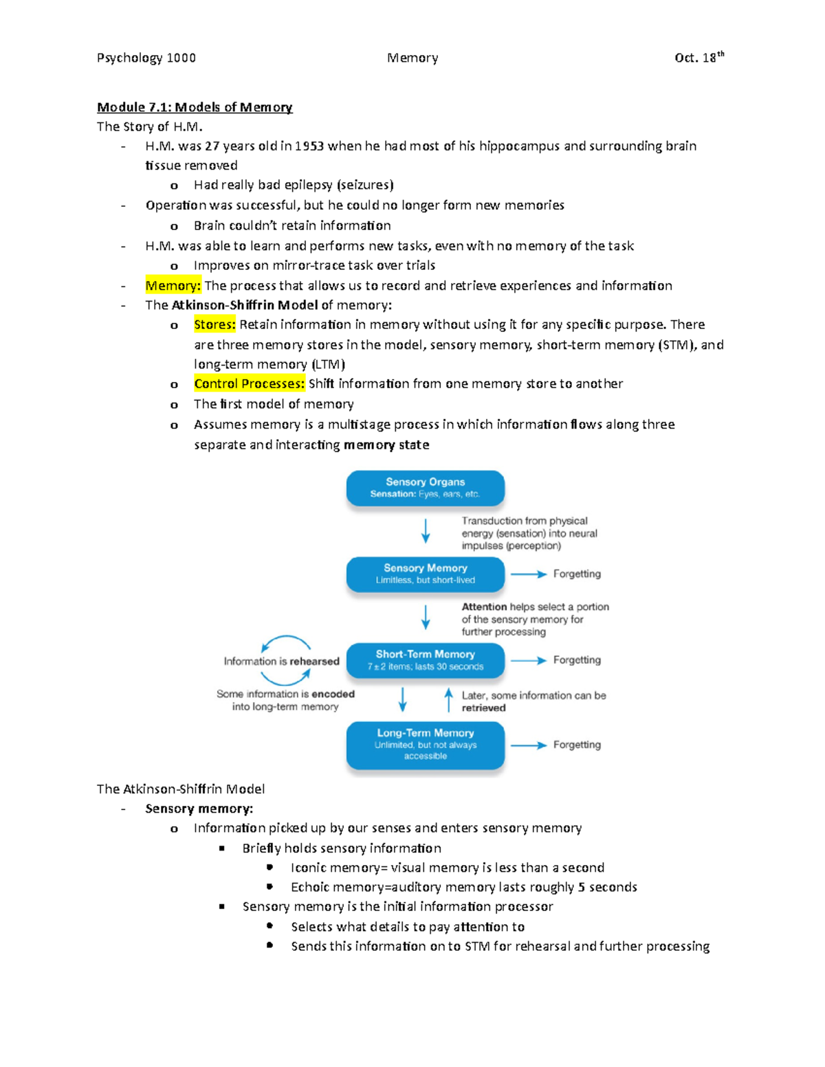 Memory (Oct. 18) - Notes from Lecture - Module 7: Models of Memory The ...